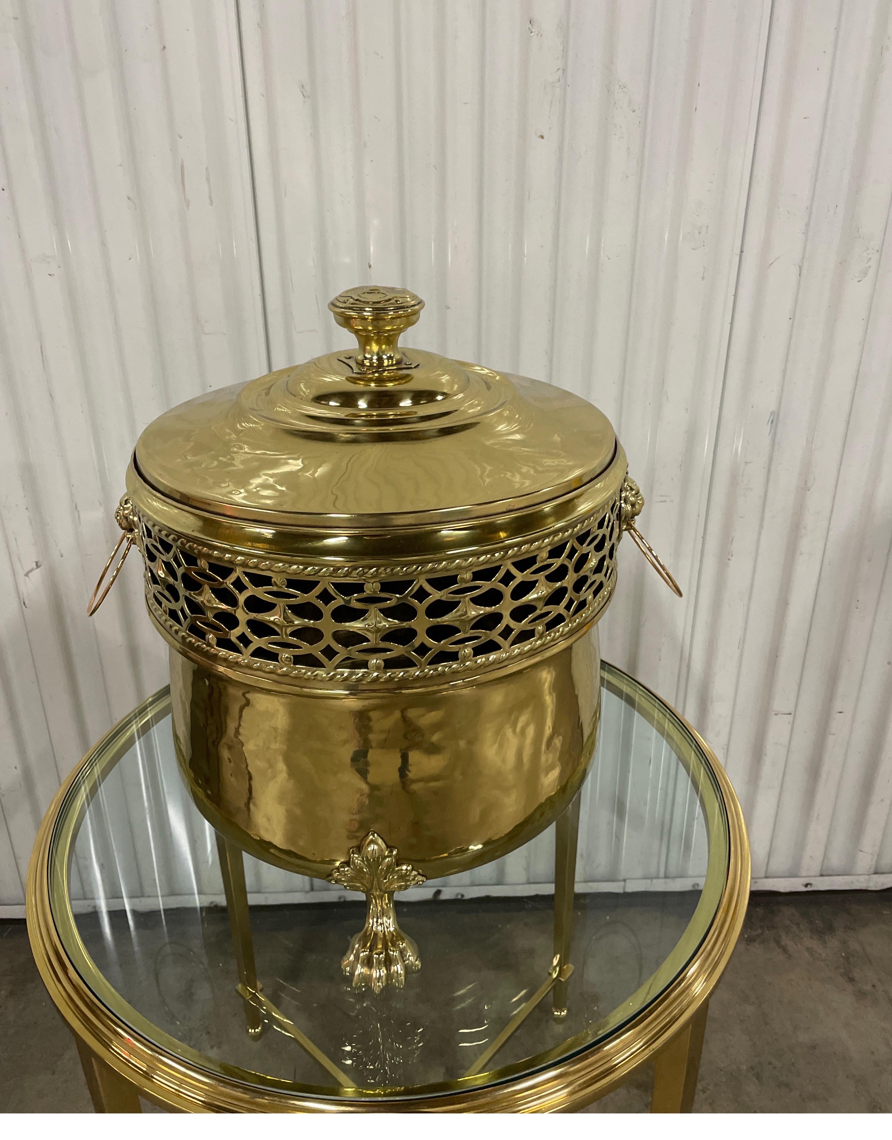 Large Footed Brass Container with Lion's Head Handles and Lid For Sale ...