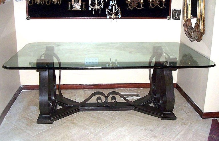 Large Forged Iron Dining Table with Glass Top For Sale at 1stDibs