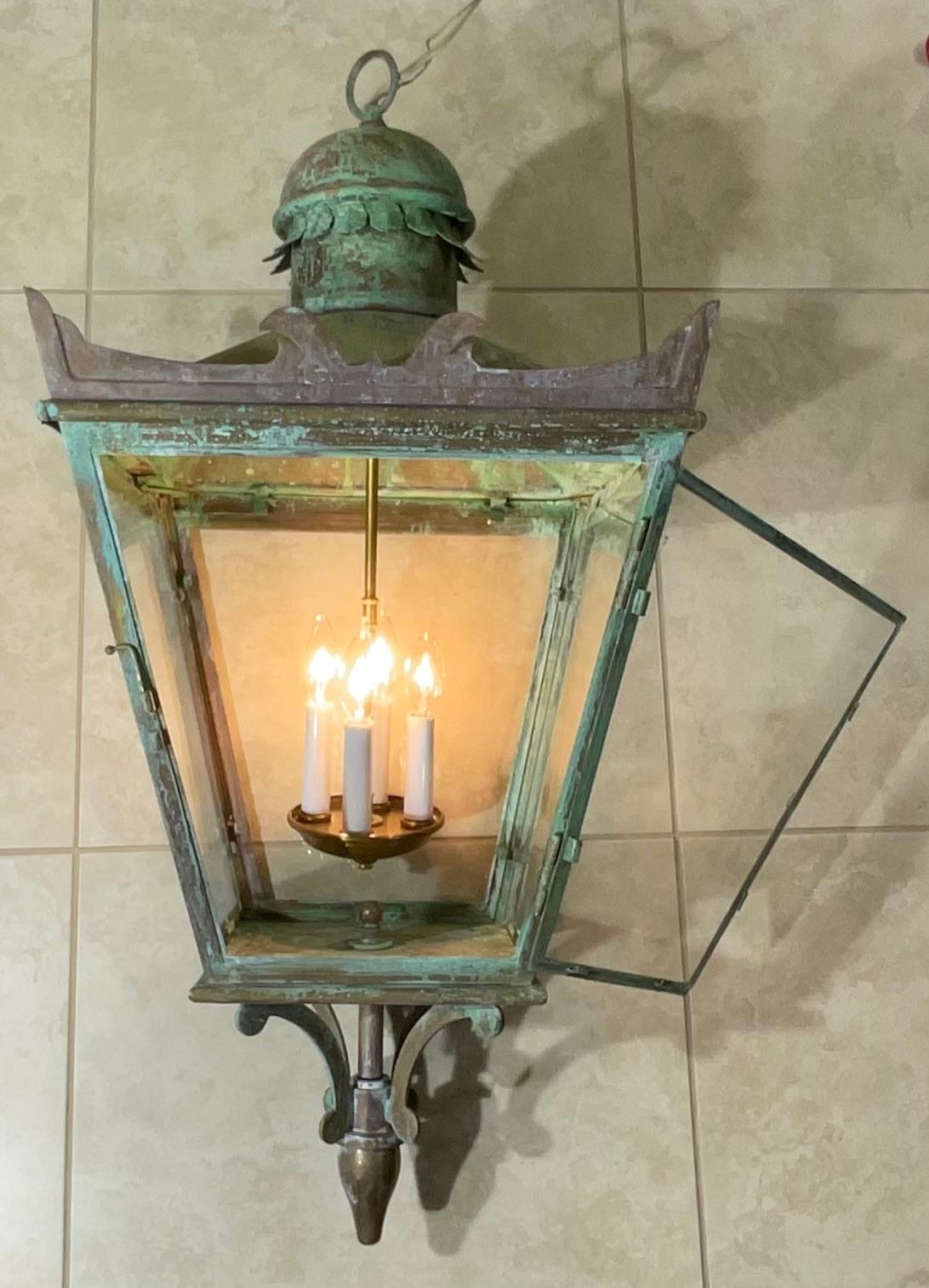 Large Four Sides Brass Hanging Lantern For Sale at 1stDibs