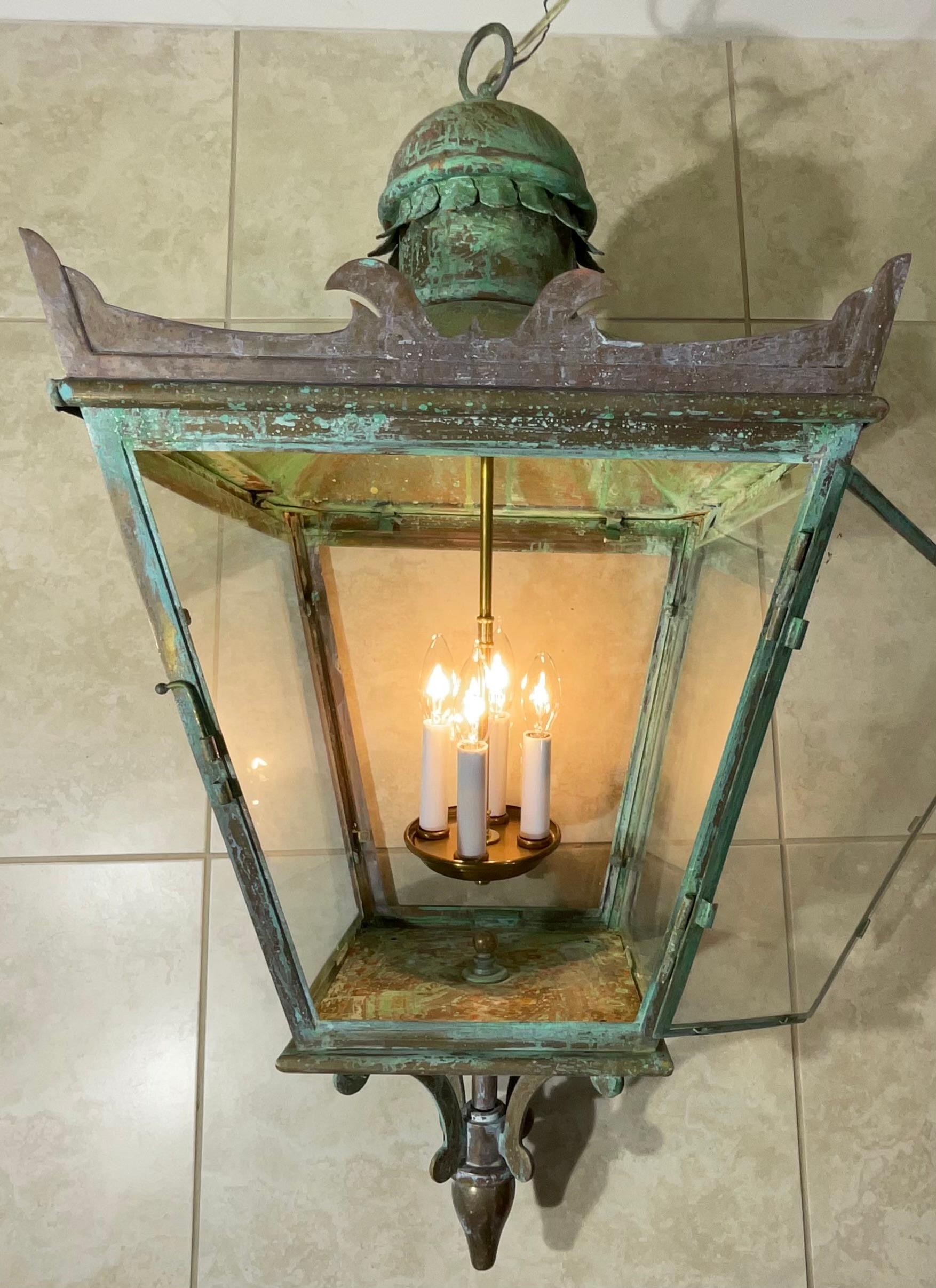 Large Four Sides Brass Hanging Lantern For Sale at 1stDibs