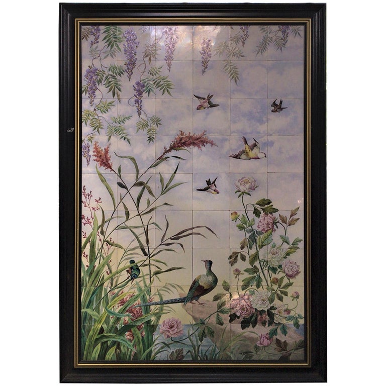 Large French 19th Century Large Tiles Panel with Birds, Pheasant and ...