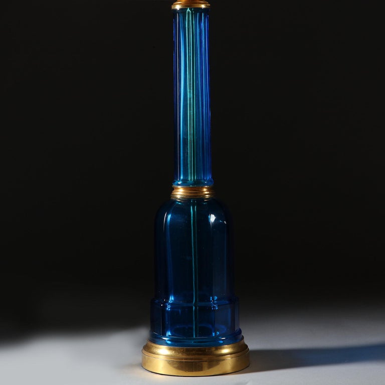 Large French 20th Century Imperial Blue Glass Column Lamp with Brass ...
