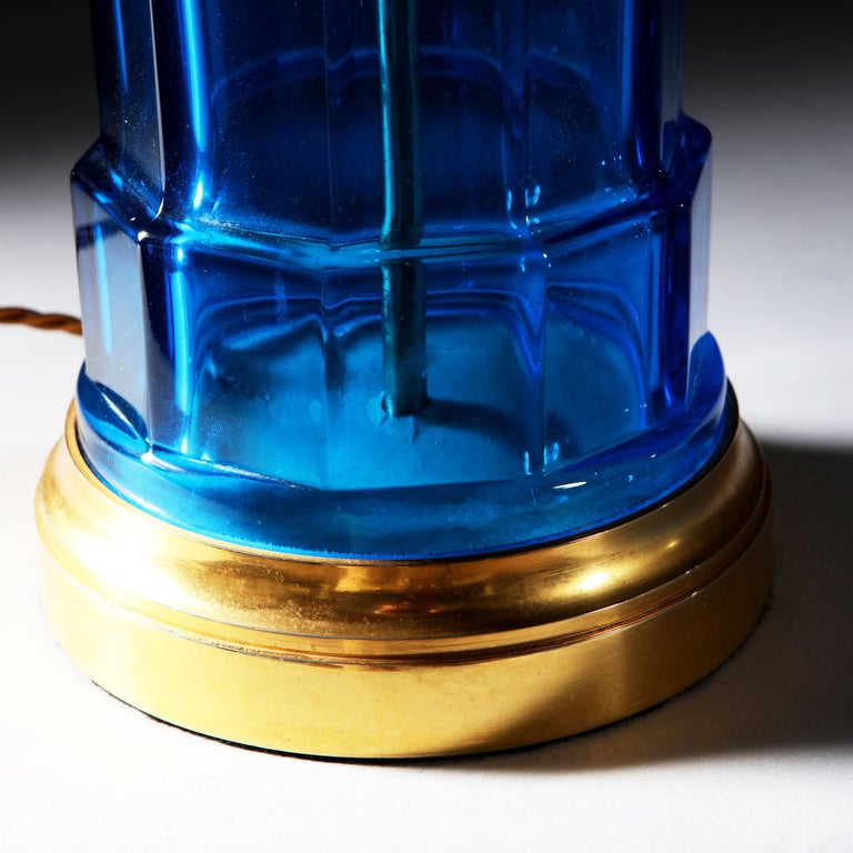 Large French 20th Century Imperial Blue Glass Column Lamp with Brass ...