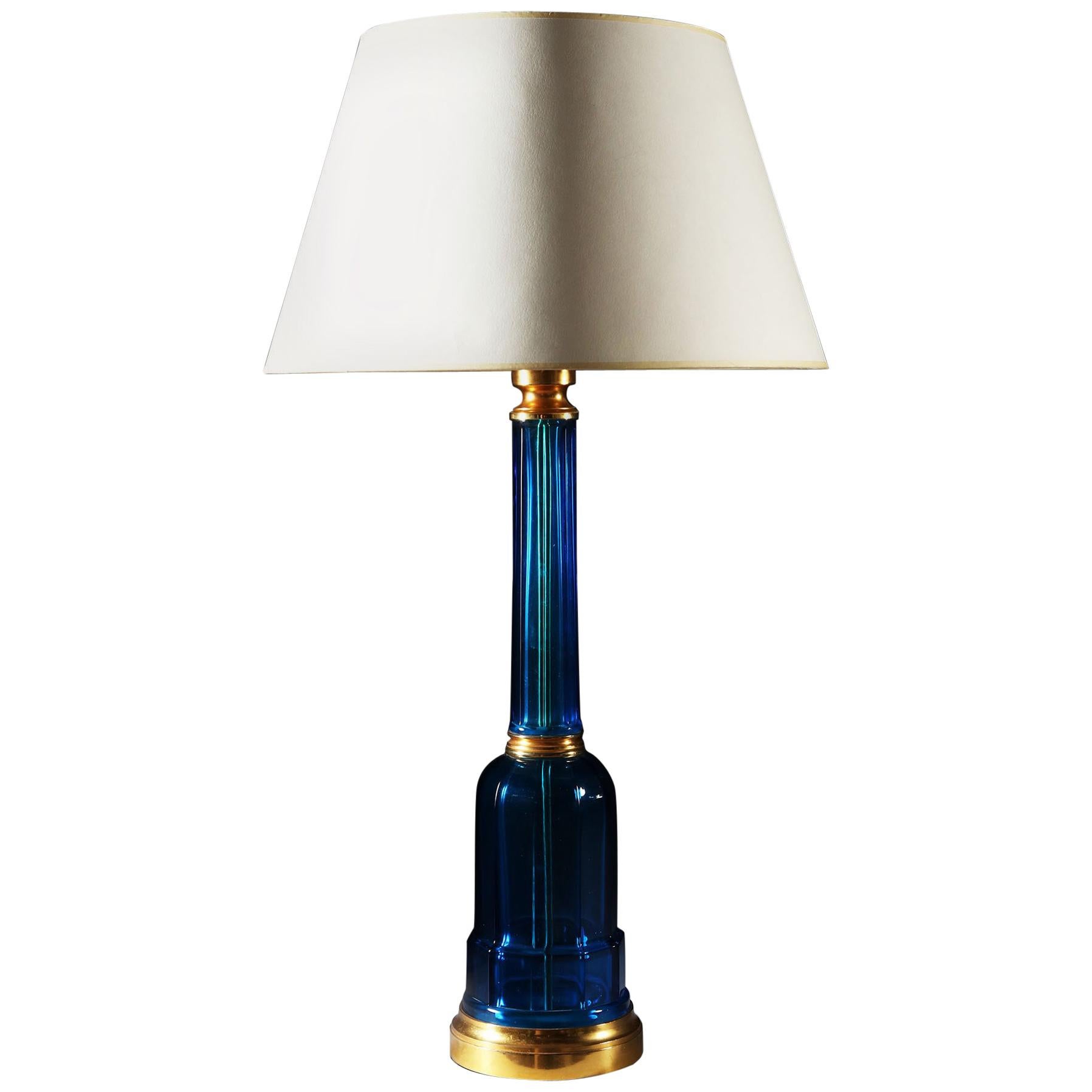 Large French 20th Century Imperial Blue Glass Column Lamp with Brass ...