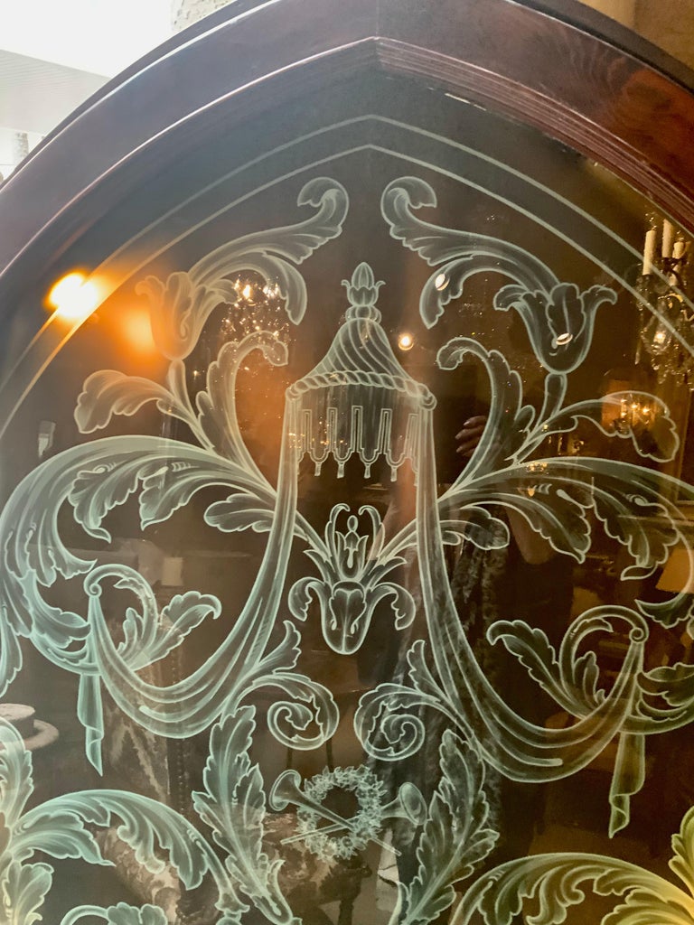 Large French Antique Etched Glass in a Cased and Lighted Walnut Frame ...