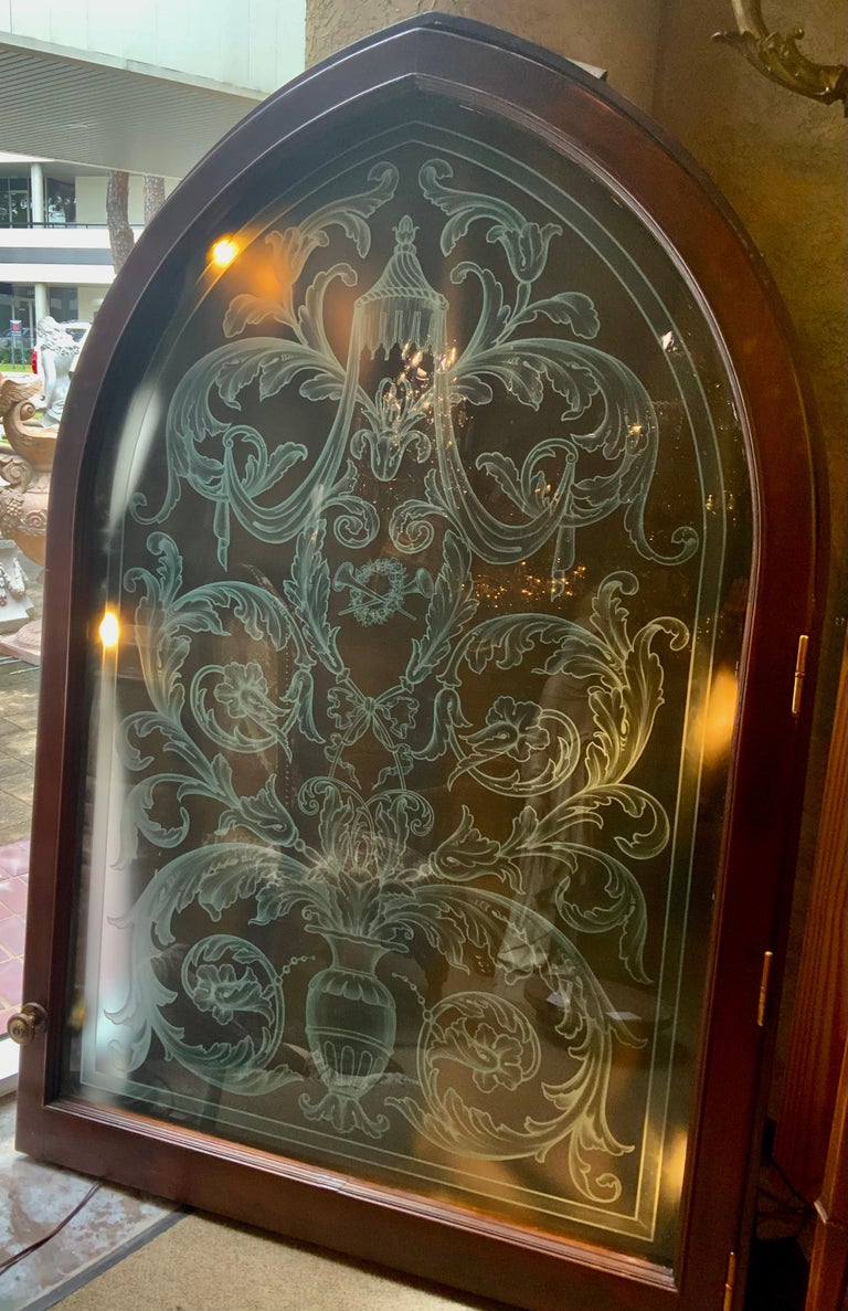 Large French Antique Etched Glass in a Cased and Lighted Walnut Frame ...