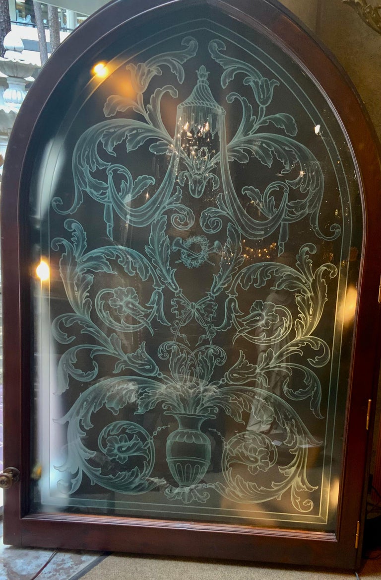 Large French Antique Etched Glass in a Cased and Lighted Walnut Frame ...