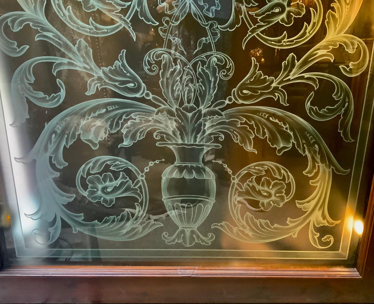 Large French Antique Etched Glass in a Cased and Lighted Walnut Frame ...