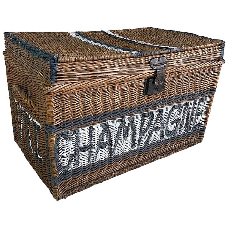 Large French Champagne Wicker Basket Trunk, 1940s, France at 1stDibs