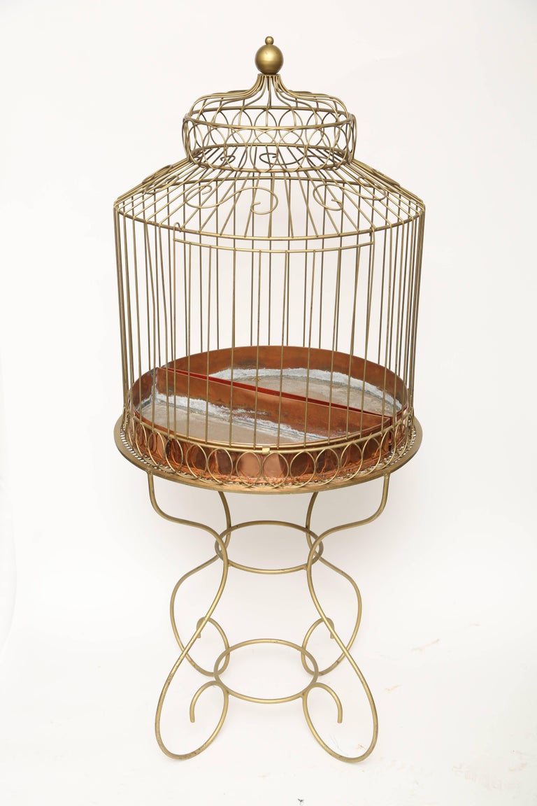 Mid-20th Century French Bird Cage on Stand-Gilt Metal and Copper at 1stDibs