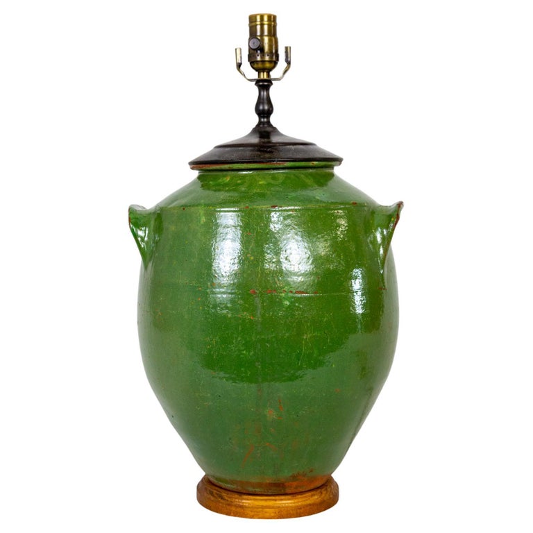Large French Green Glazed Earthenware Jar Lamp at 1stDibs