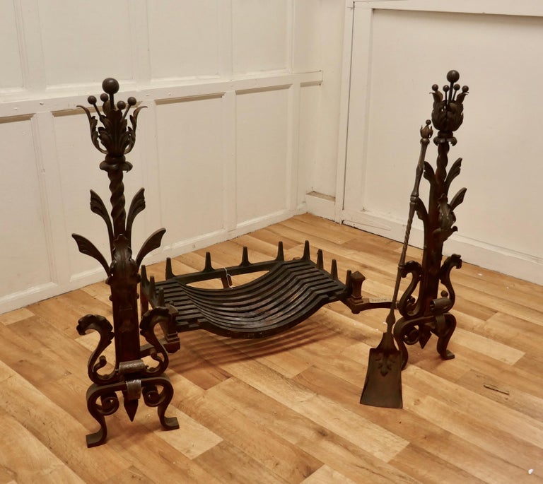 Large French Inglenook Fire Grate on Andirons For Sale at 1stDibs