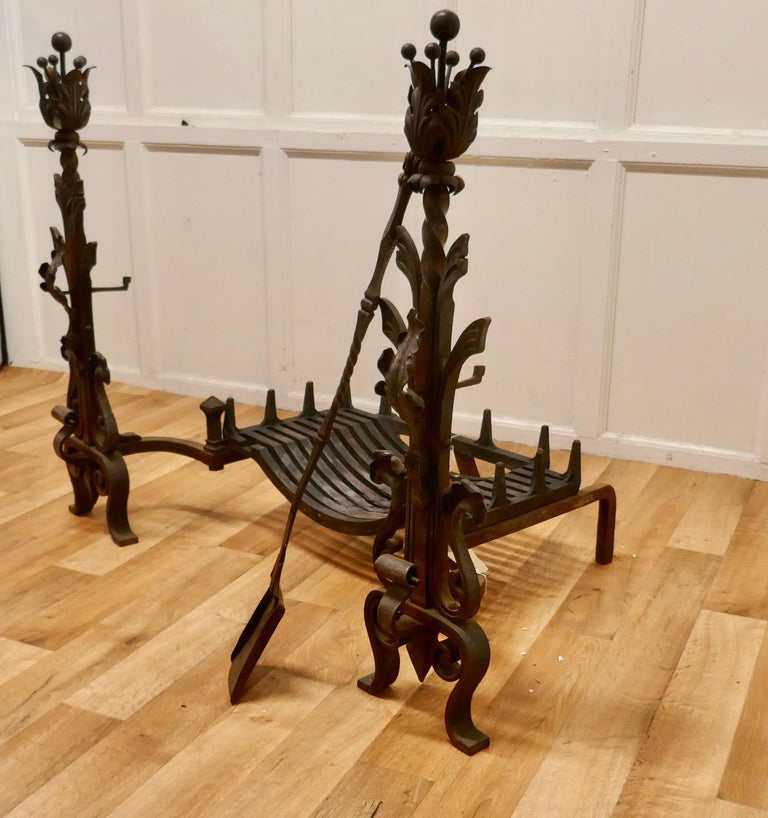 Large French Inglenook Fire Grate on Andirons For Sale at 1stDibs
