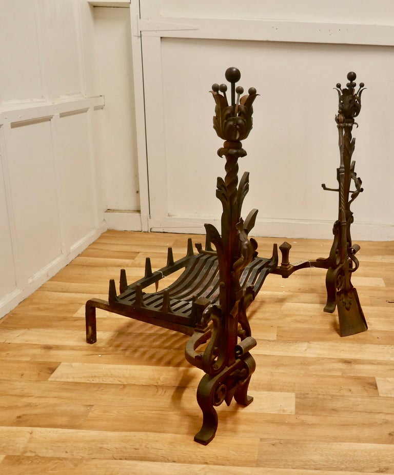 Large French Inglenook Fire Grate on Andirons For Sale at 1stDibs