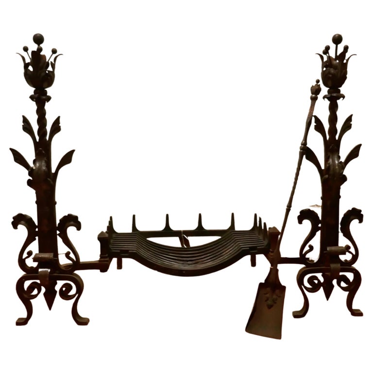 Large French Inglenook Fire Grate on Andirons For Sale at 1stDibs