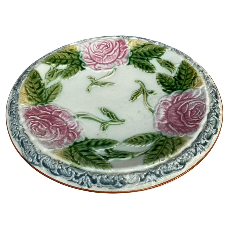 Large French Majolica Roses Plate Salins, circa 1900 For Sale at 1stDibs