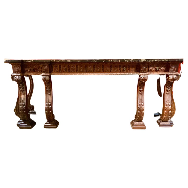 Large French Renaissance Style Carved Walnut Console with Black Marble ...