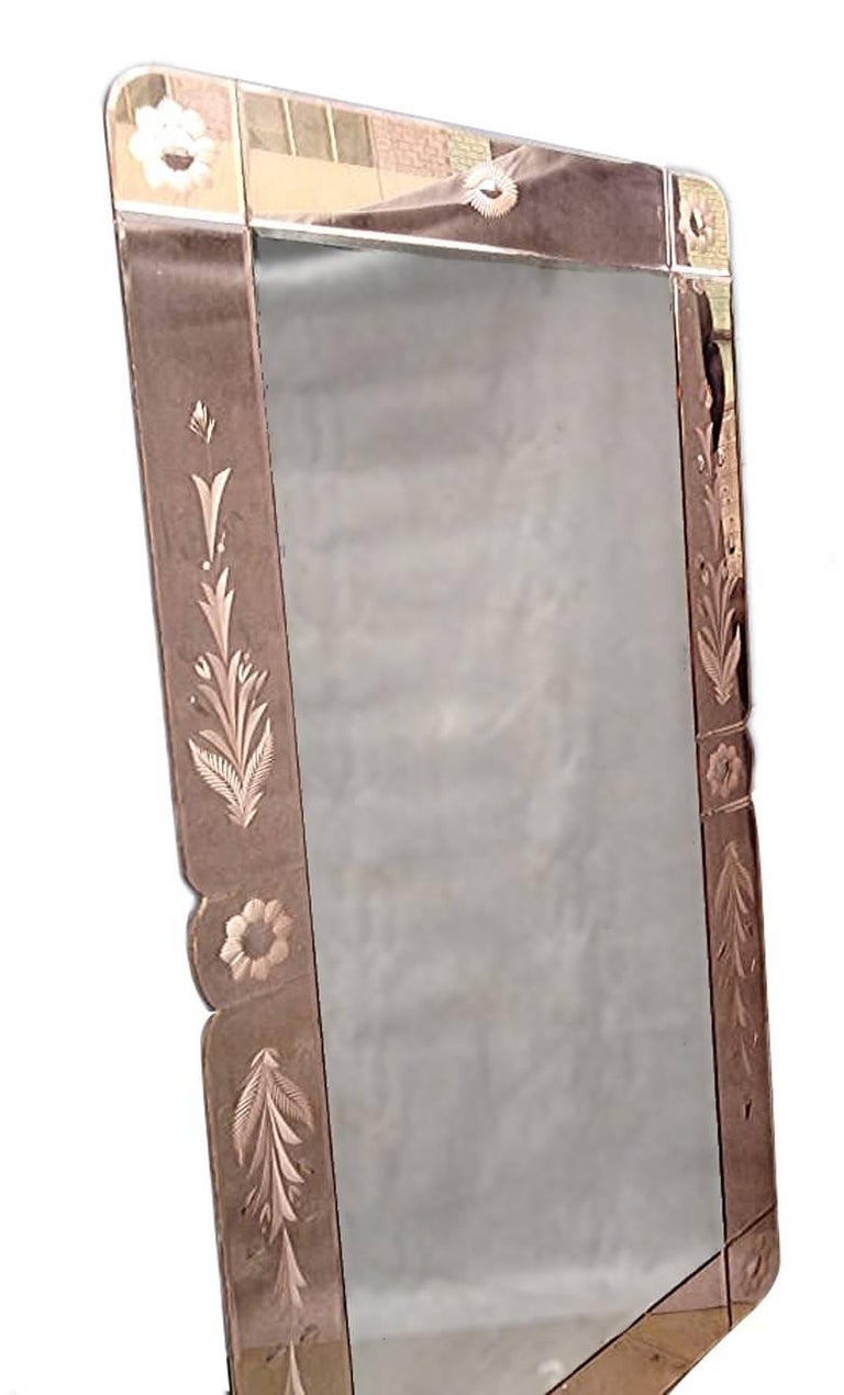 Large French Rose Colored Etched Mirror at 1stDibs