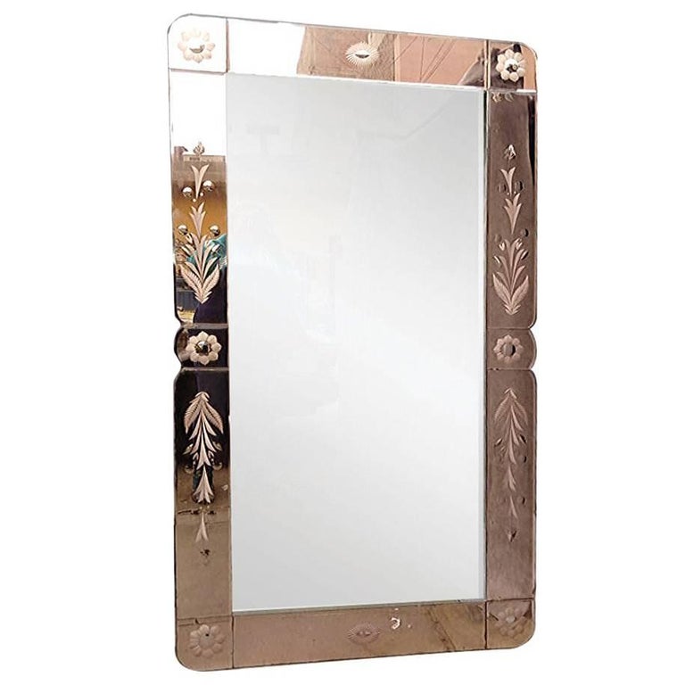 Large French Rose Colored Etched Mirror For Sale at 1stDibs