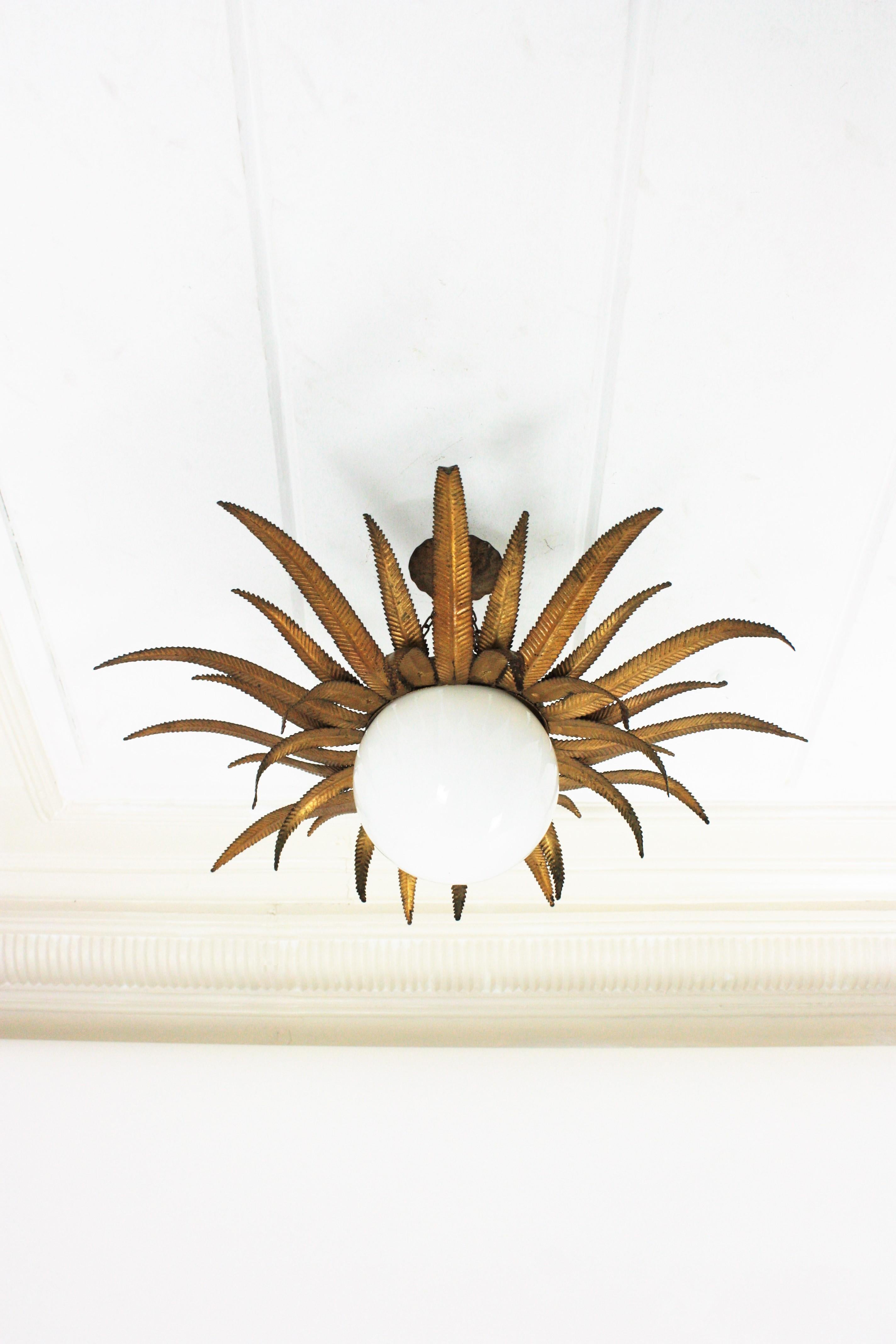 Large French Sunburst Starburst Light Fixture, Gilt Metal and Milk ...