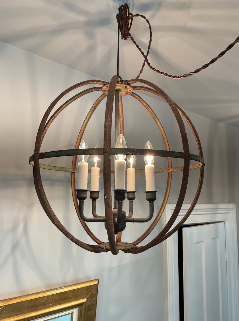 Large French Wrought Iron Industrial Sphere Chandelier For Sale at 1stDibs