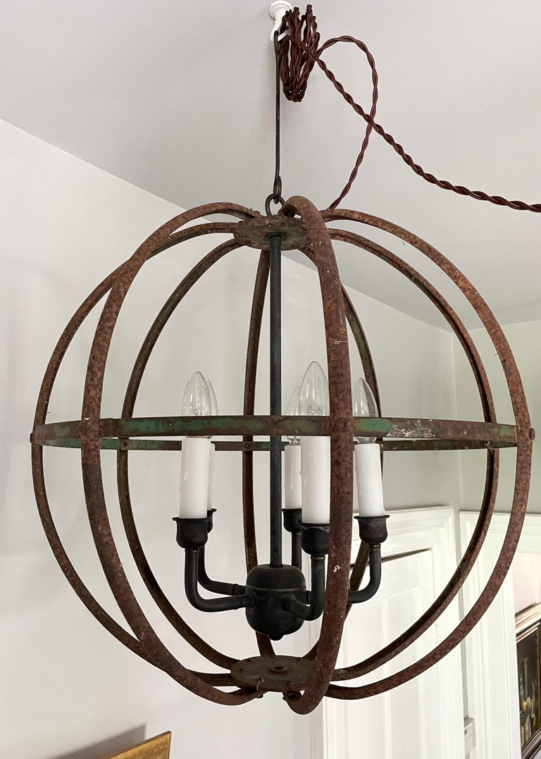 Large French Wrought Iron Industrial Sphere Chandelier For Sale at 1stDibs