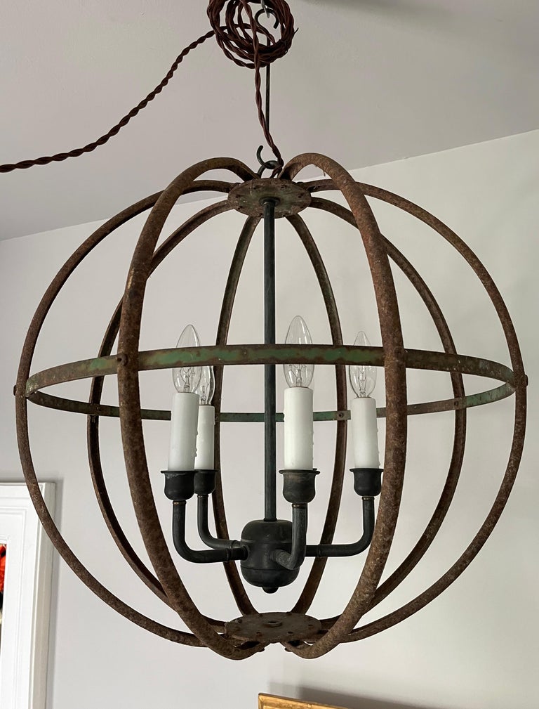 Large French Wrought Iron Industrial Sphere Chandelier For Sale at 1stDibs