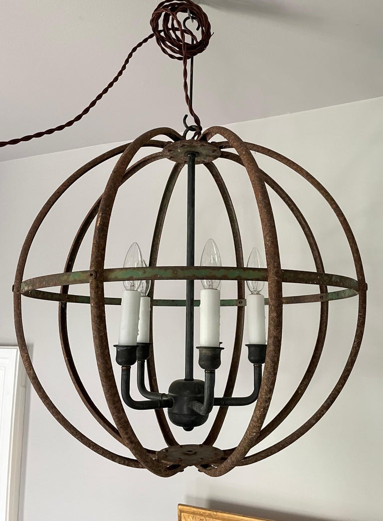 Large French Wrought Iron Industrial Sphere Chandelier For Sale at 1stDibs