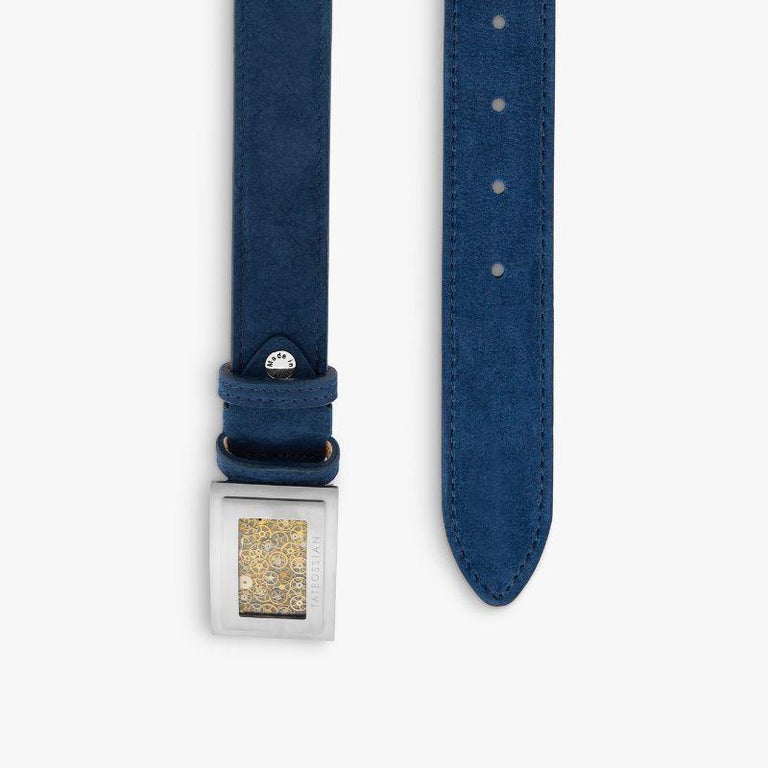 Large Gear Buckle Belt in Navy Leather and Brushed Titanium Clasp, Size ...