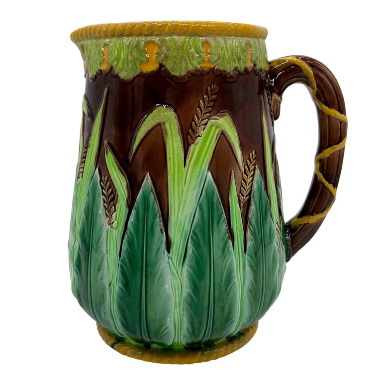 Large George Jones Majolica Wheat Pitcher with Green Acanthus Leaves ...