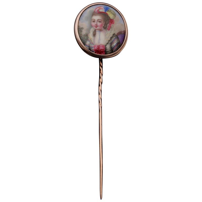 Large Georgian Lady Portrait Miniature Painted 16 Karat Gold Stick Pin ...