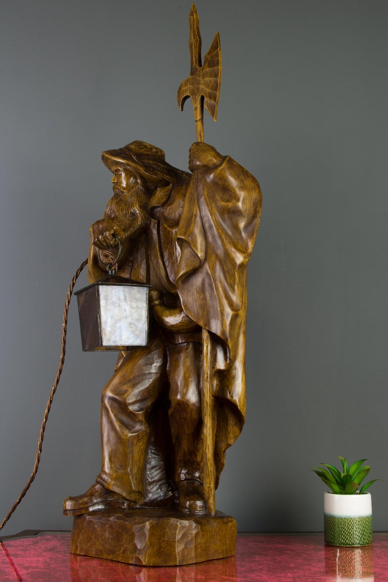 Large German Hand Carved Wooden Sculpture Lamp Night Watchman with ...