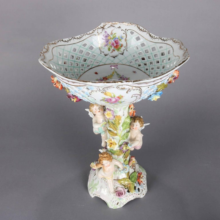 Large German Painted and Gilt Dresden Porcelain Figural Cherub Compote ...