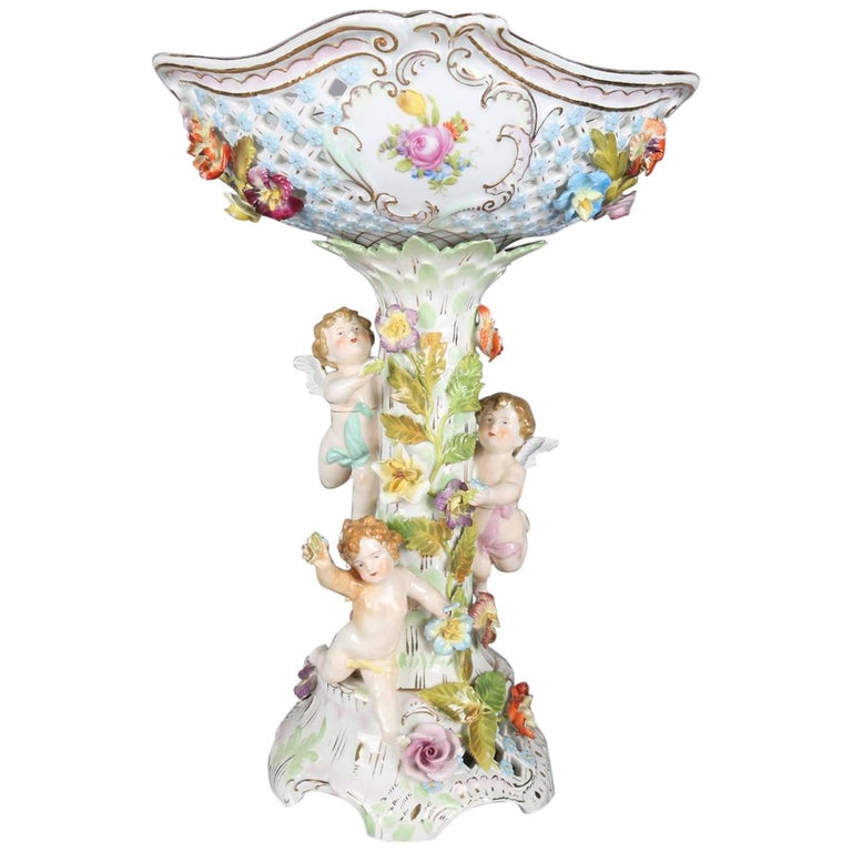 Large German Painted and Gilt Dresden Porcelain Figural Cherub Compote ...
