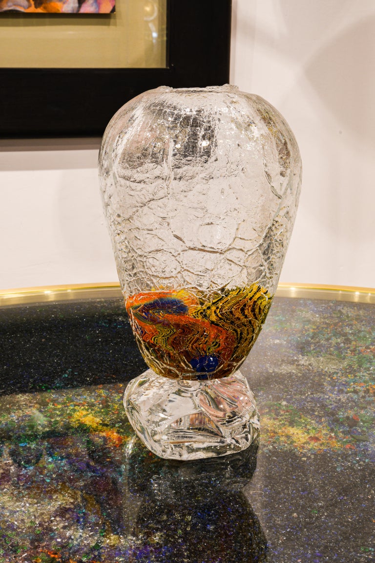 Large Murano Crackle Glass Vase With Fused Faceted Glass Block Base For ...