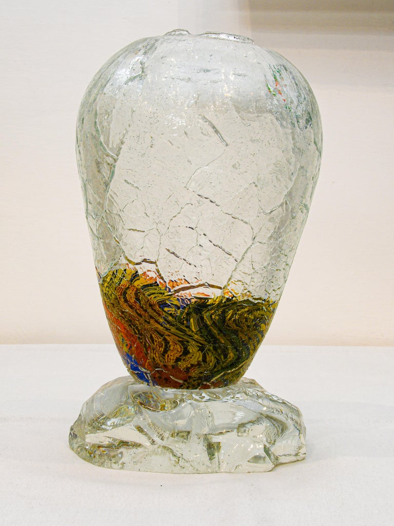 Large Murano Crackle Glass Vase With Fused Faceted Glass Block Base For ...
