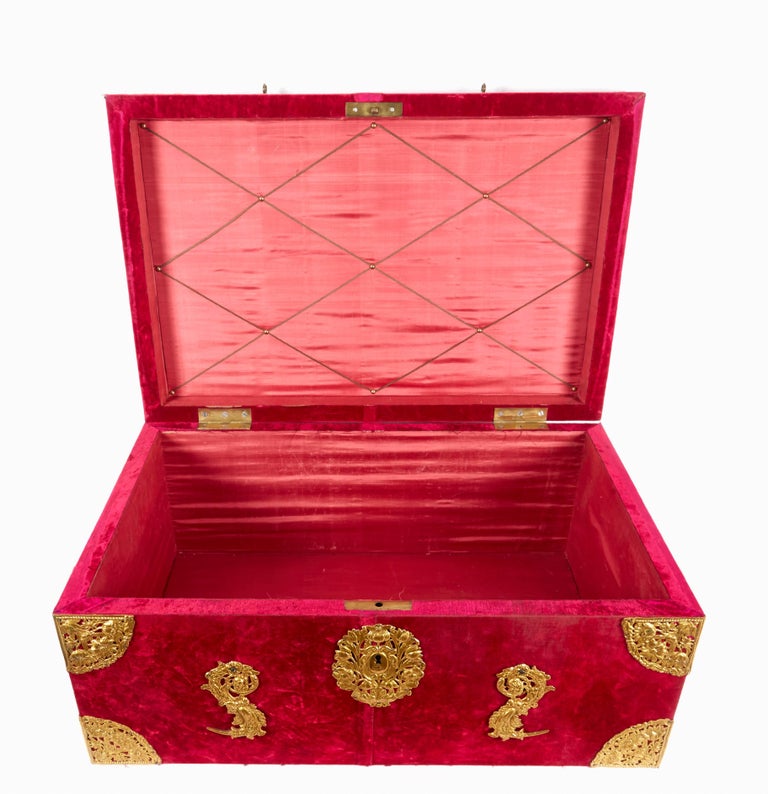 Large Gilt-Bronze Mounted Red Velvet Box / Trunk by E.F. Caldwell and ...