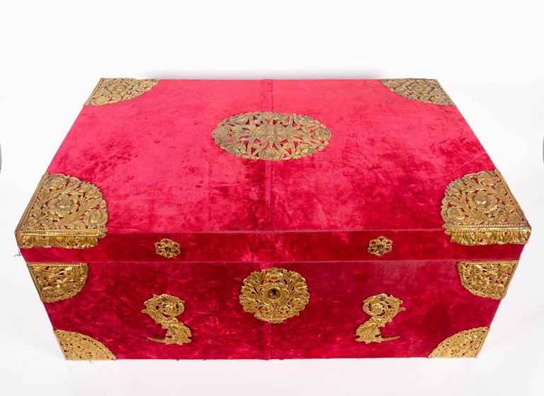 Large Gilt-Bronze Mounted Red Velvet Box / Trunk by E.F. Caldwell and ...
