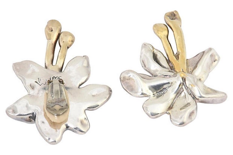 Large Gilt Sterling Silver Flower Clip on Earrings at 1stDibs
