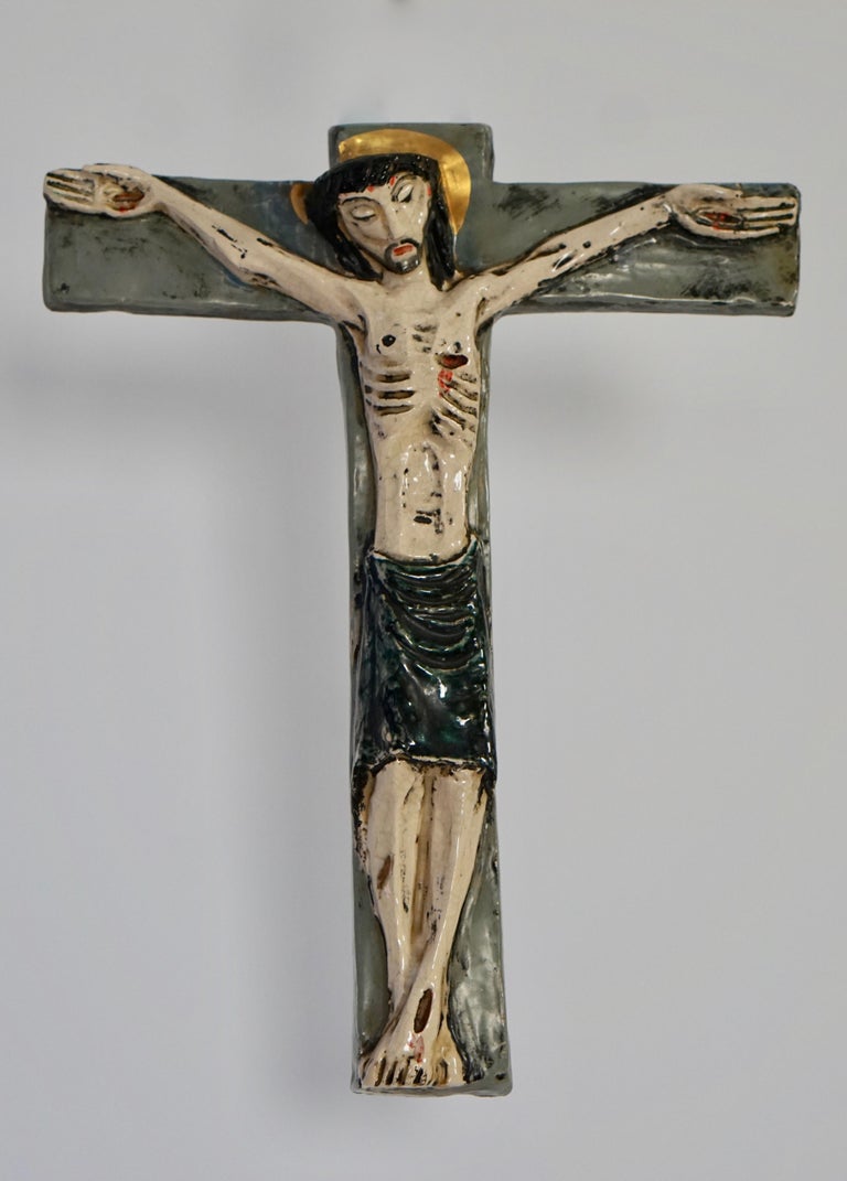 Large Gilt Wall Crucifix, Glazed Ceramic, Handmade, Belgium For Sale at ...