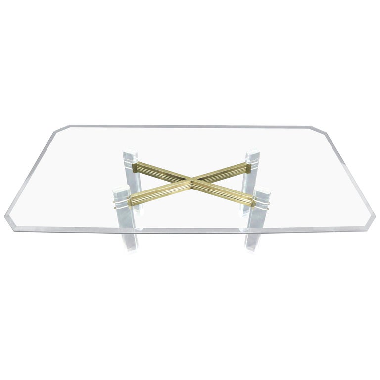 Große Glasplatte Lucite und Messing Basis Konferenz Esstisch atr ...