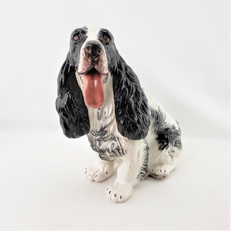Large Glazed Ceramic Mid-Century Era Spaniel Dog Sculpture with Black ...