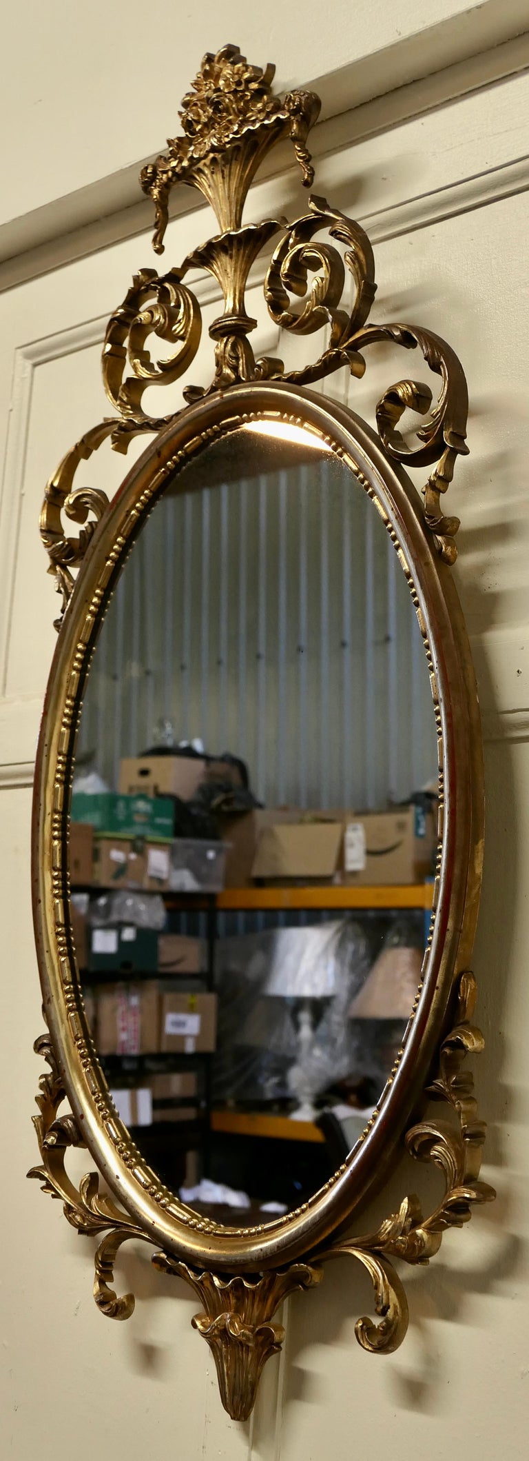 Large Gold Crested Rococo Style Oval Wall Mirror For Sale at 1stDibs