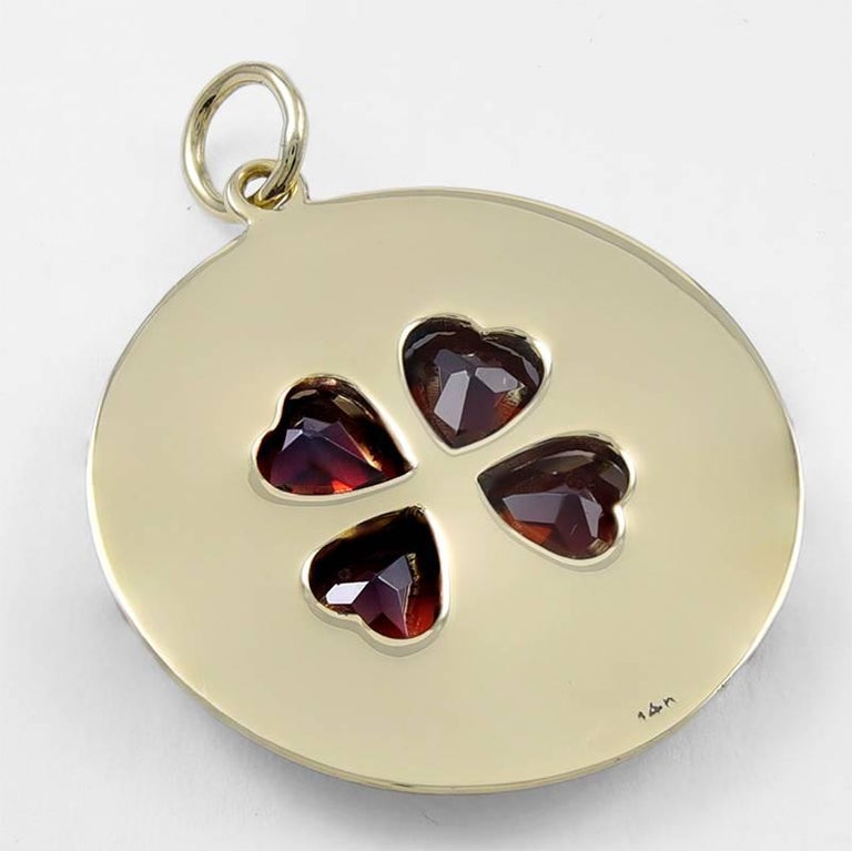 Large Gold Garnet Four-Leaf Clover Pendant or Charm For Sale at 1stDibs