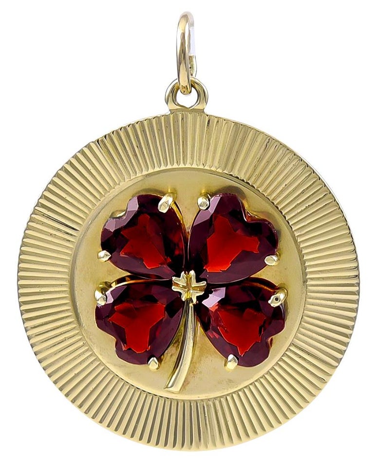 Large Gold Garnet Four-Leaf Clover Pendant or Charm For Sale at 1stDibs