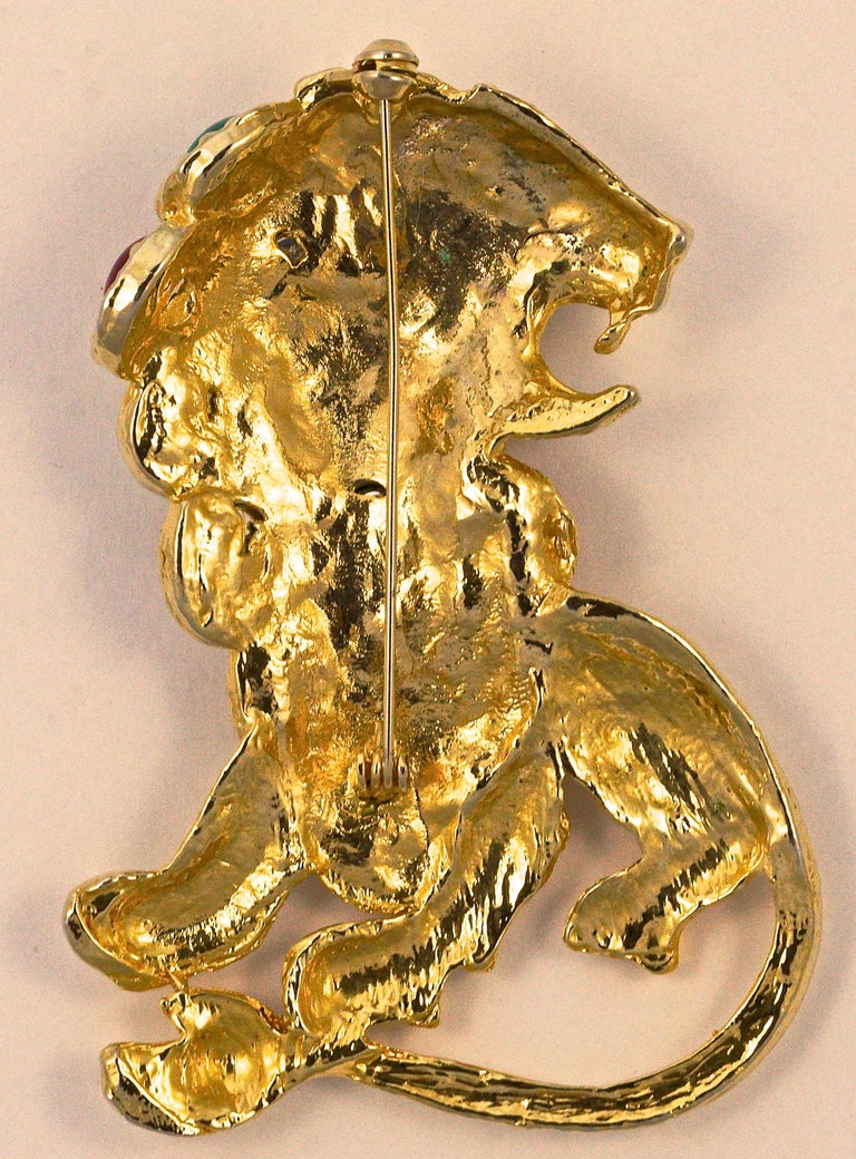 Large Gold Plated Textured Lion Statement Brooch with Blue, Red and ...