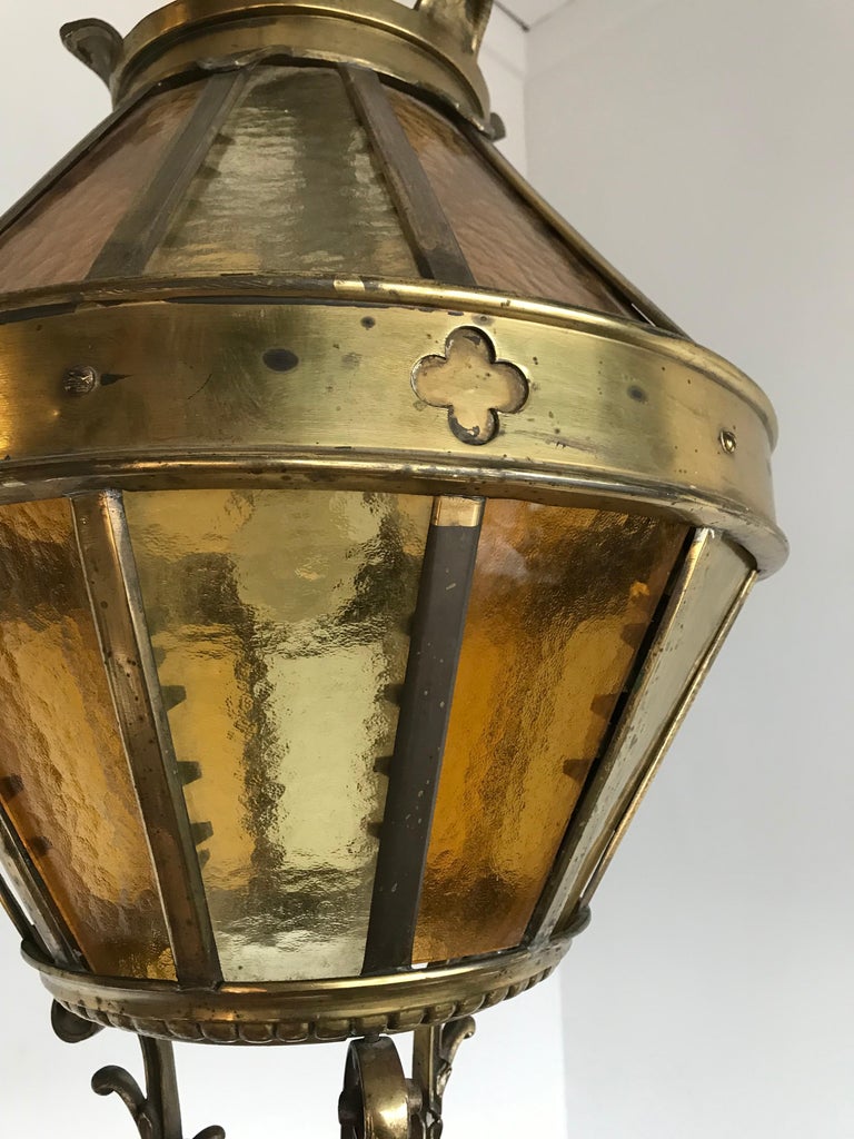 Large Gothic Revival Bronze and Two Tone Amber Glass Angular Pendant ...