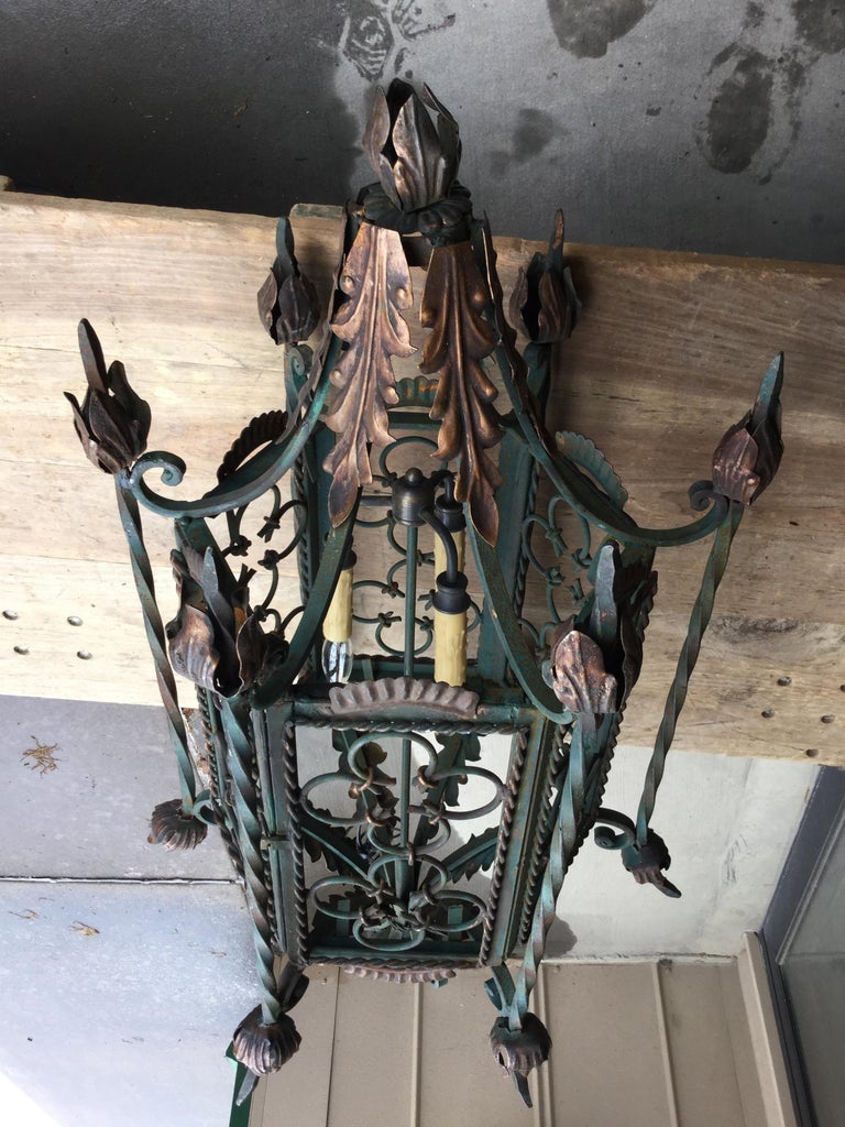 Large Gothic Style Patinated Wrought Iron Lantern with Gilt Accents at ...