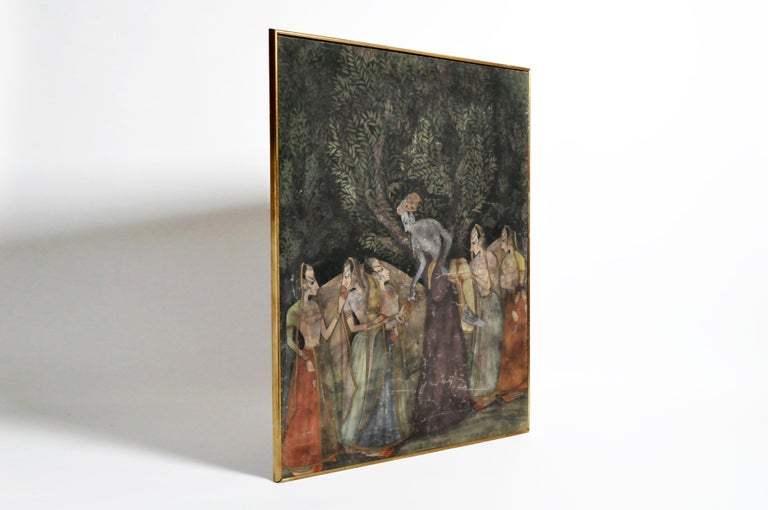 Large Gouache Painting of Krishna with Female Gopis Dancing at 1stDibs