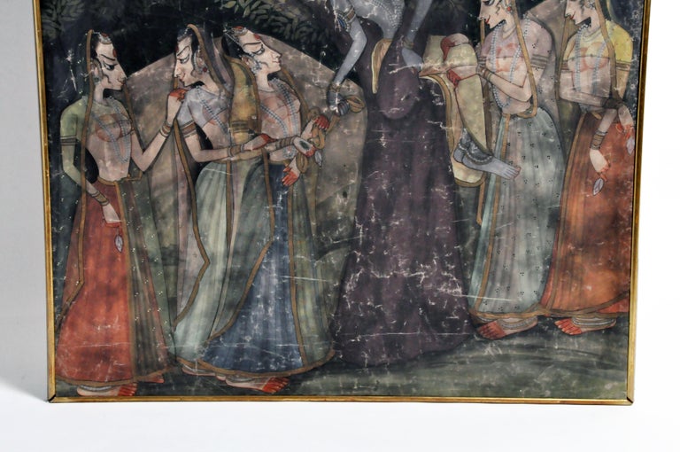 Large Gouache Painting of Krishna with Female Gopis Dancing at 1stDibs